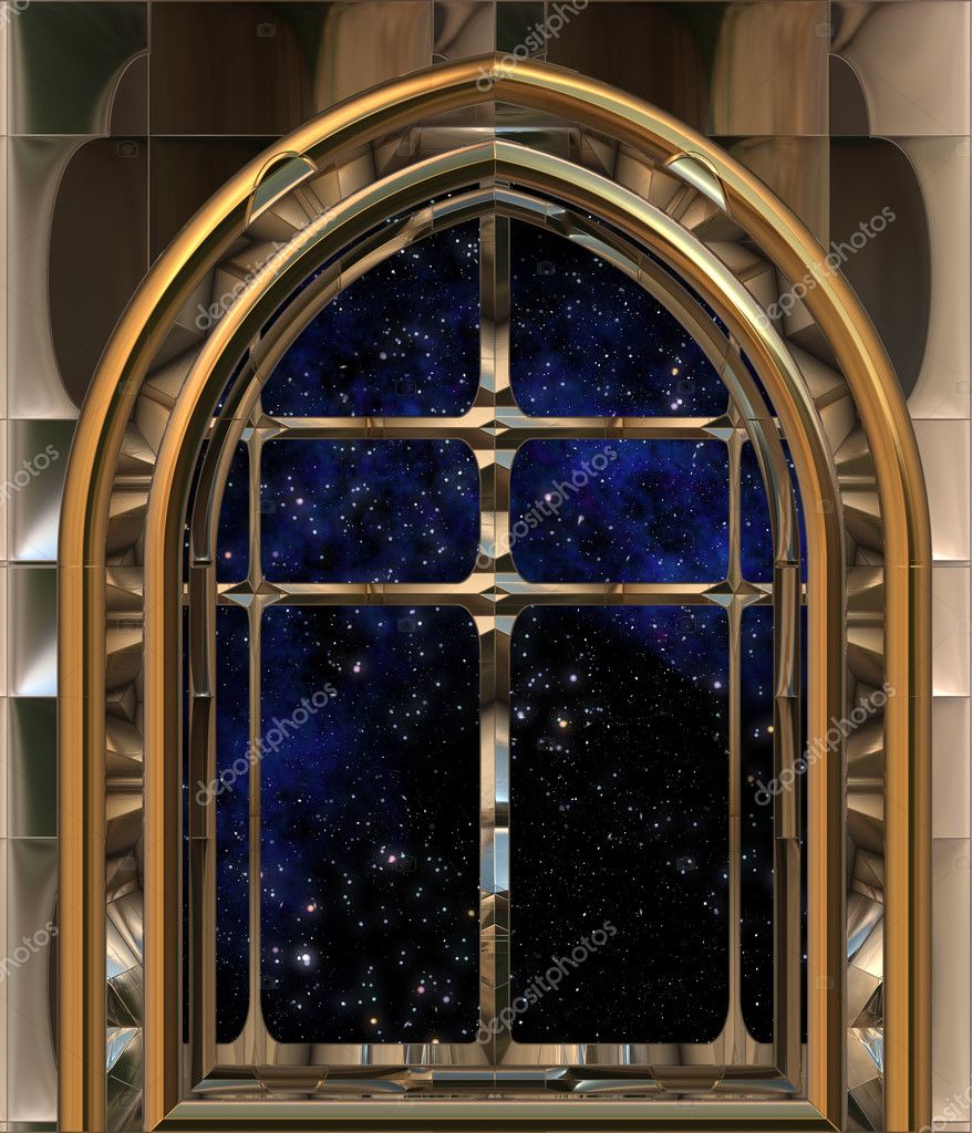 Gothic or science fiction window looking into space or starry night sky ...