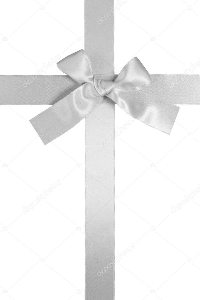 Silver colore vertical cross ribbon with bow, isolated Stock Photo by ...
