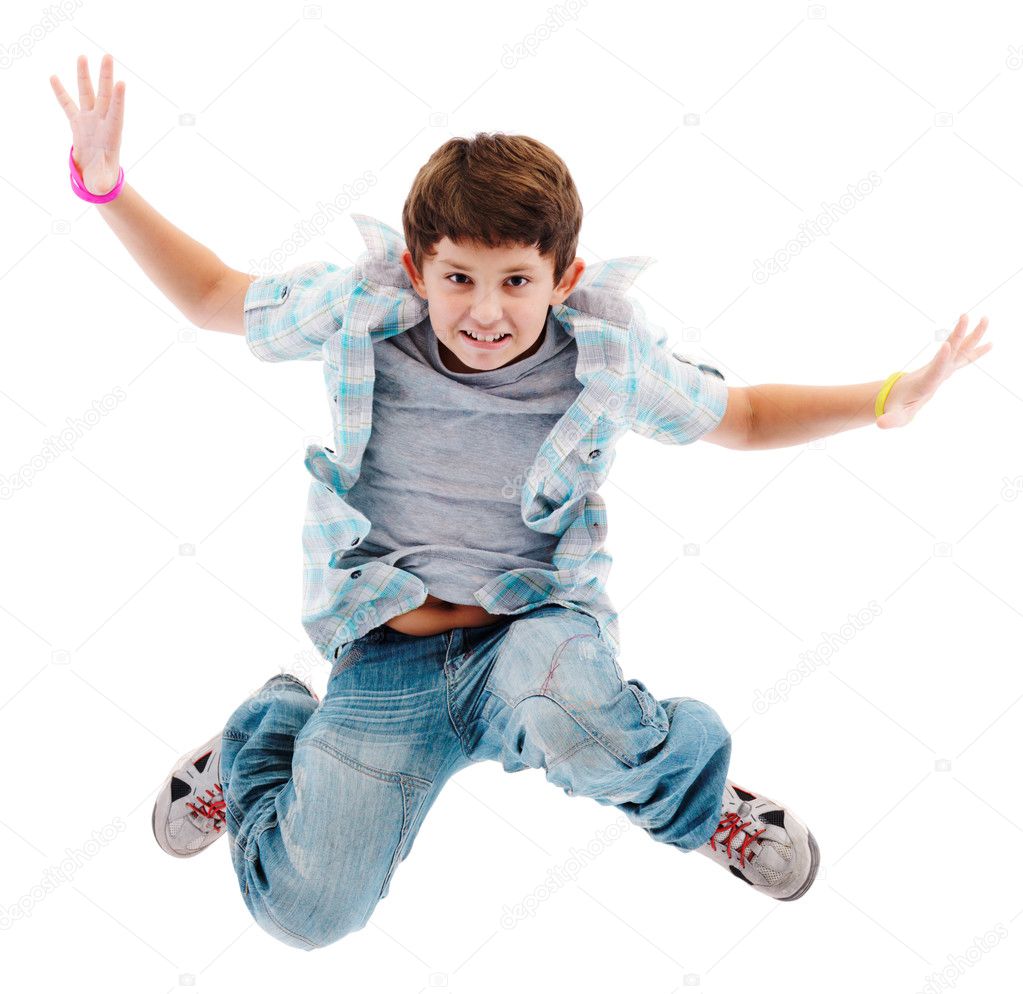 niño saltando aisladas sobre fondo blanco — Foto de stock © Irochka ...