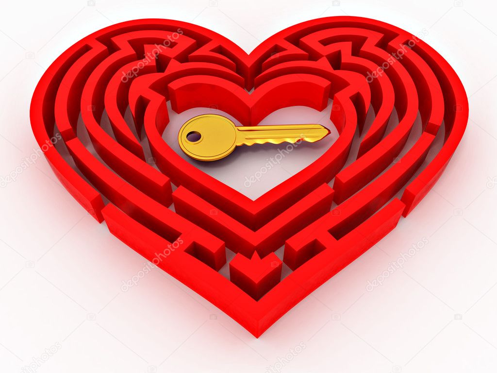 Clave en el centro del laberinto en forma de corazón. 3d 2023