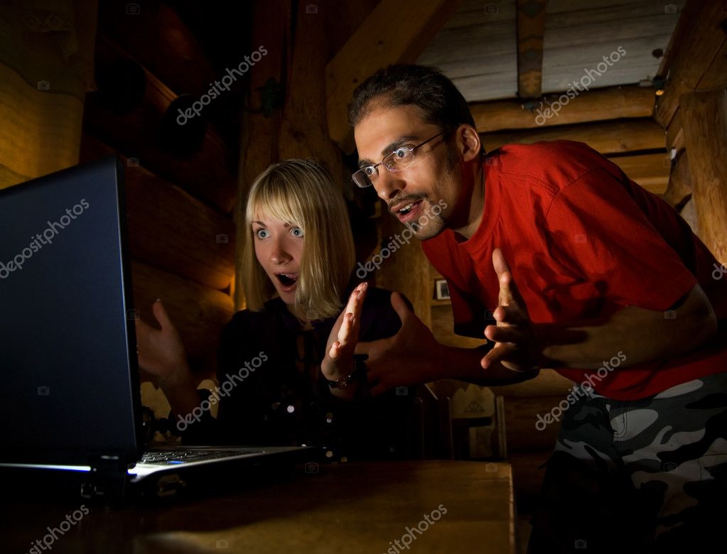 Two Friends Surprised Faces Working Computer — Stock Photo © nejron ...