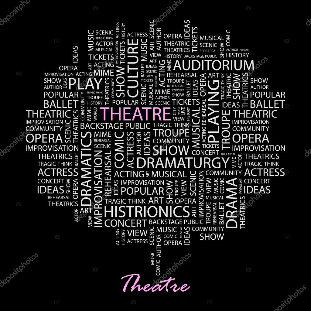 THEATRE. Word collage on black background. Illustration with different ...