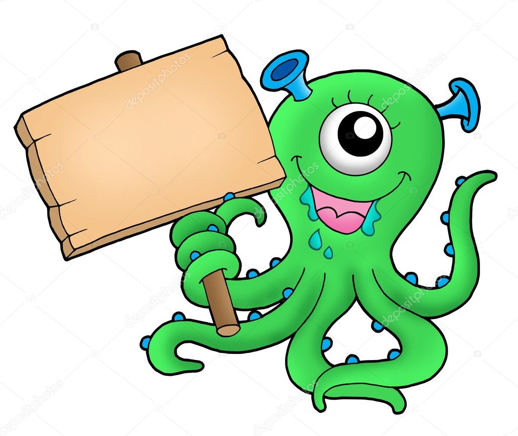 Cute monster with wooden sign — Stock Photo © clairev #2940231