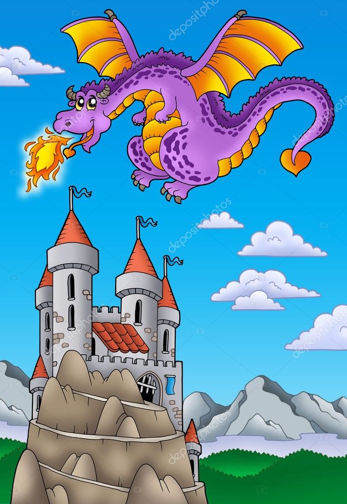Flying dragon with castle on hill — Stock Photo © clairev #3224921