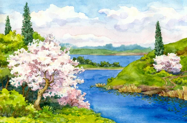 Watercolor spring landscape | Watercolor spring landscape — Stock Photo ...
