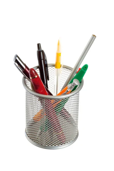 Books and holder basket with pens isolated on white — Stock Photo ...