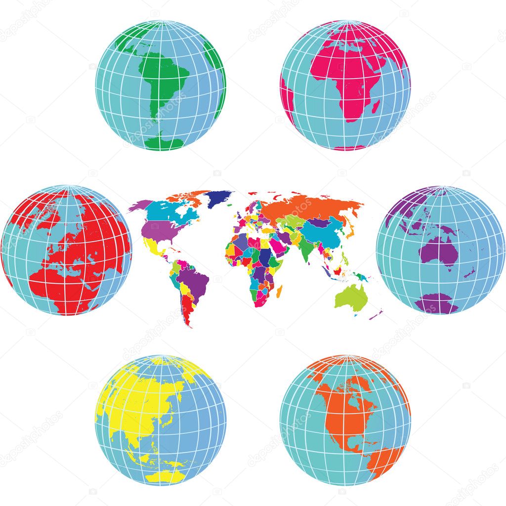 Set with Earth globes and world map in different colors — Stock Photo ...